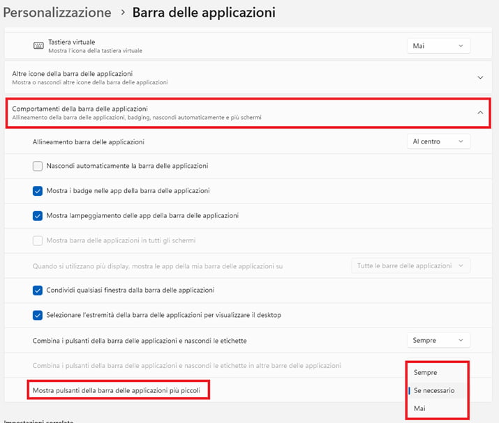 Rimpicciolire le icone della barra delle applicazioni su Windows 11